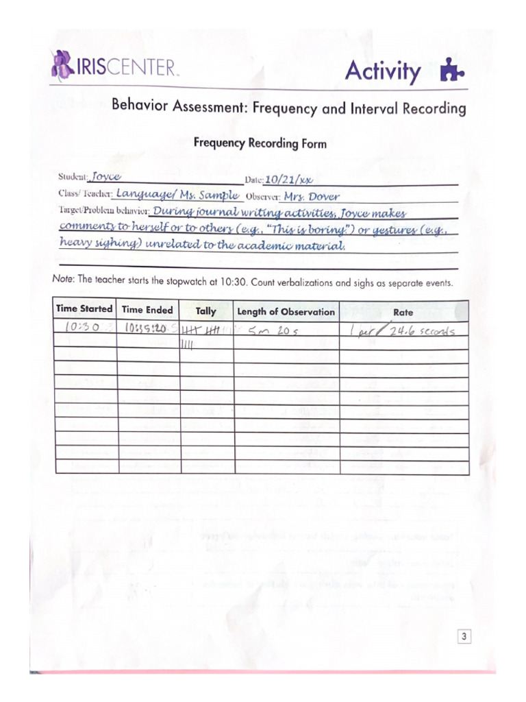 Behavior Assessment Frequency and Interval Recording | PDF