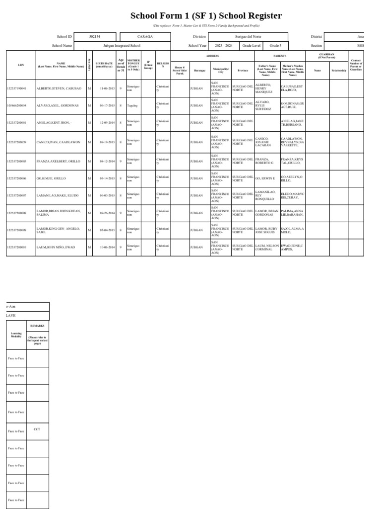 Grade 3 School Register 2023-2024 | PDF