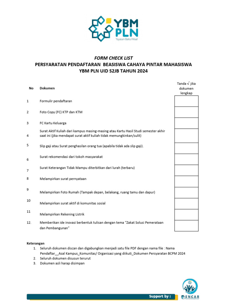 Form Checklist Dan Formulir Pendaftaran BCPM YBM PLN UID S2JB 2024 | PDF