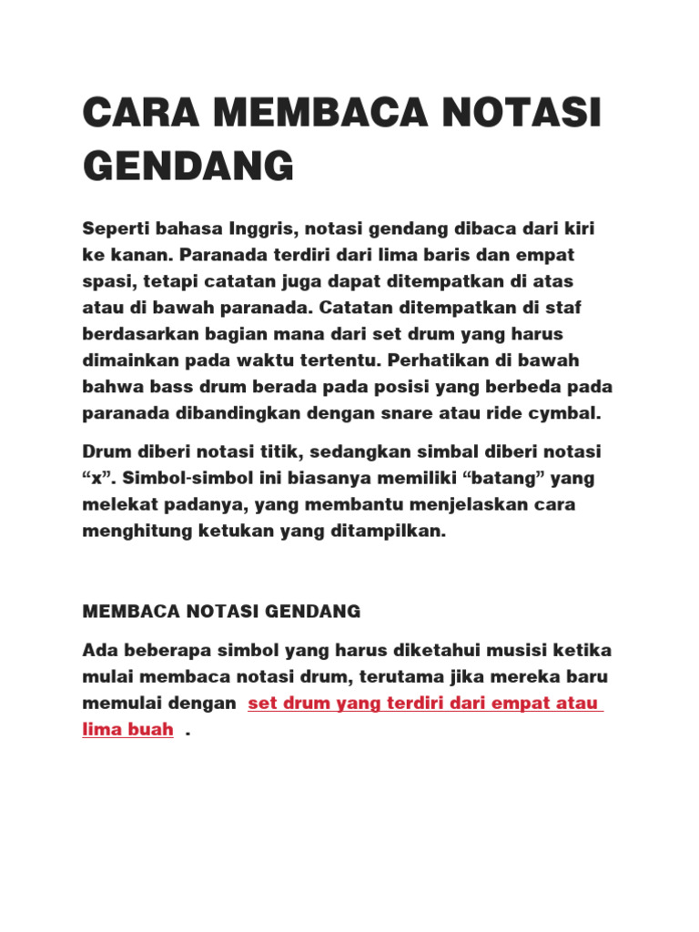 Cara Membaca Notasi Gendang Drum | PDF | Seni & Disiplin Bahasa