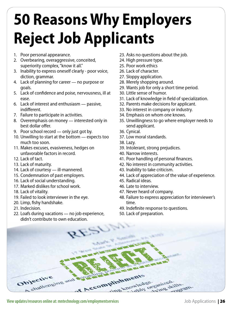 50 Reasons Why Employers Reject Job Applicants | PDF | Psychology ...