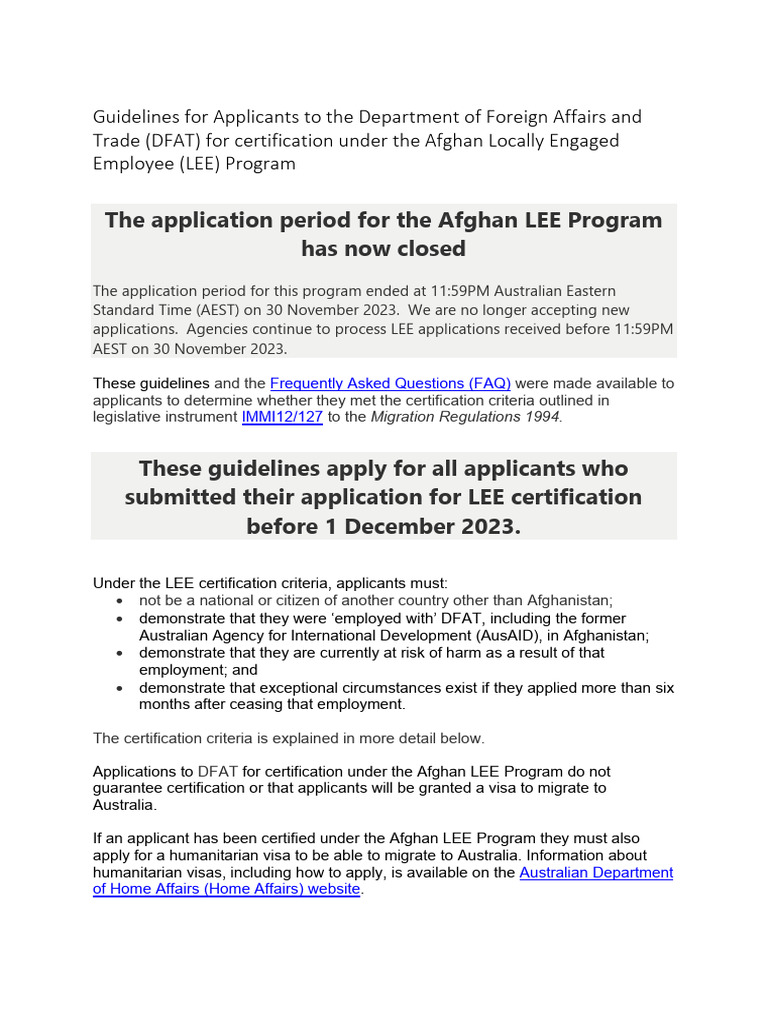 Afghan Lee Public Guidelines | PDF | Travel Visa | Australia