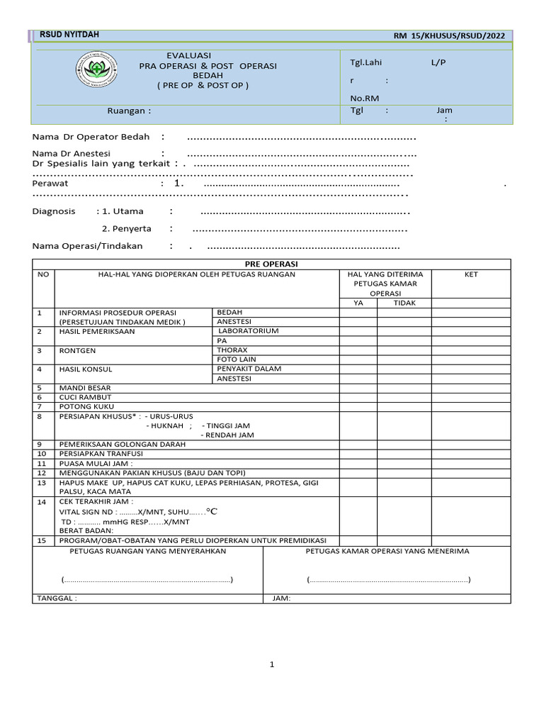 Form Pre-Post Operasi | PDF