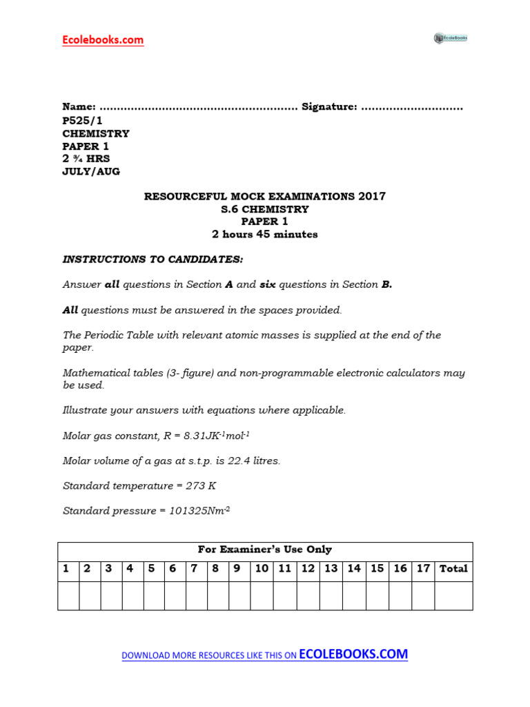 s6 Chemistry p1 Revision Past Papers | PDF | Oxide | Chemistry
