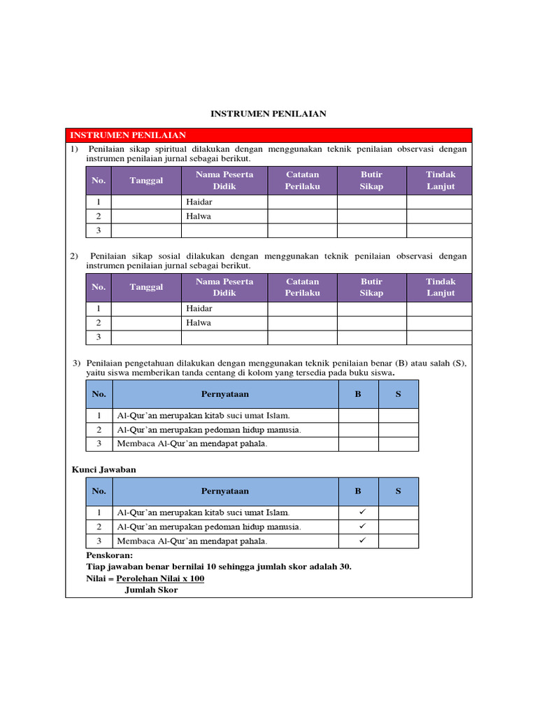 Instrumen Penilaian Kelas 1 | PDF