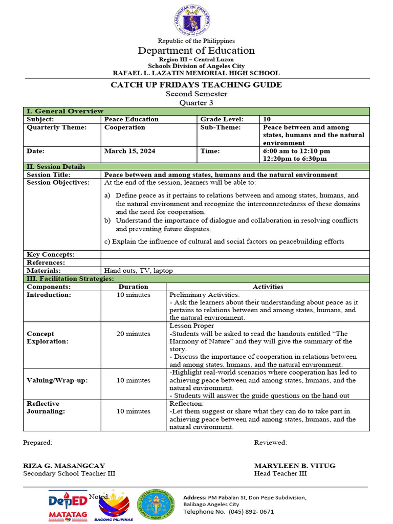G10 Teaching Guide March 15 2024 | PDF | Peace | Learning