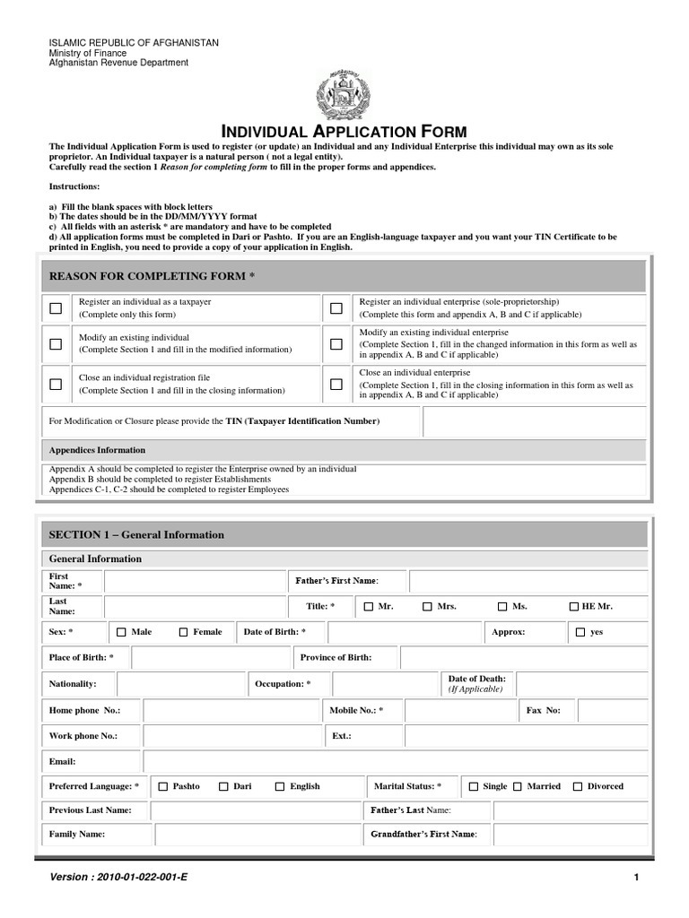 Appendix A1 Individual Application Form - 1 | PDF | Sole Proprietorship