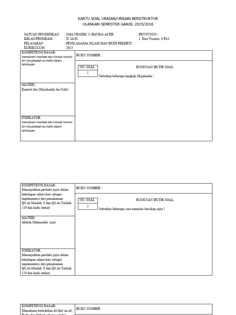 KARTU SOAL URAIAN Kls X SMT 1 | PDF