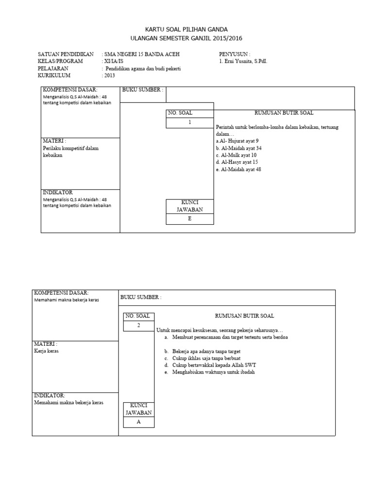 Kartu Soal Pilihan Ganda KLS Xi SMT 1 | PDF