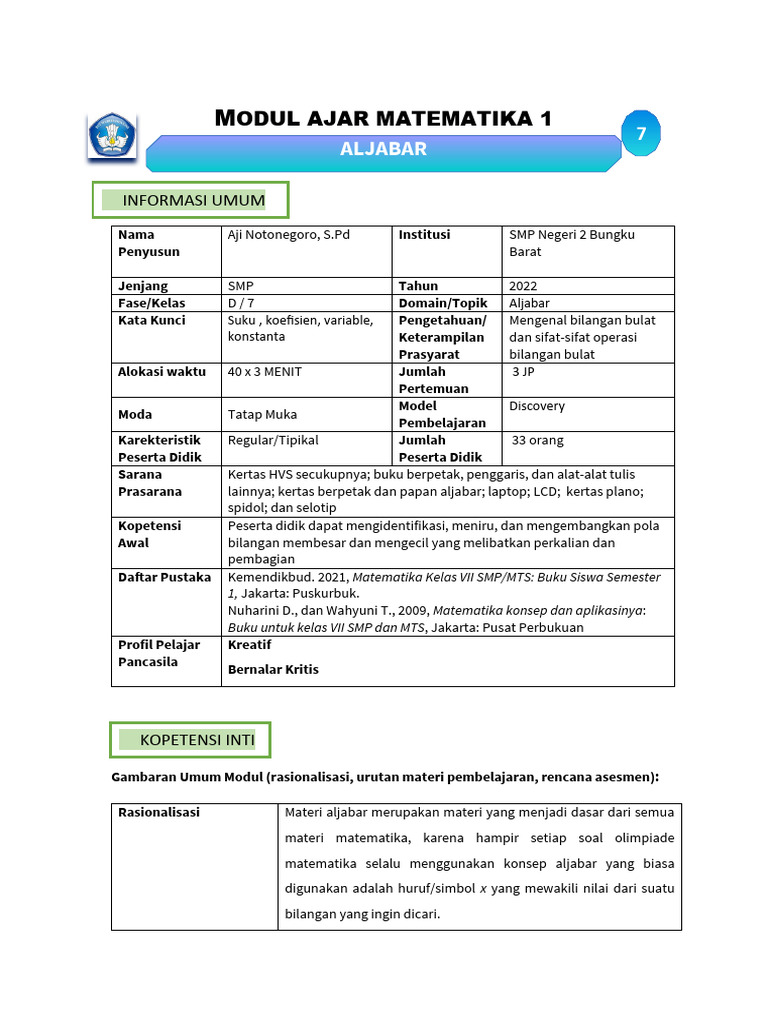 Modul Ajar - Aljabar - Kelas 7 | PDF
