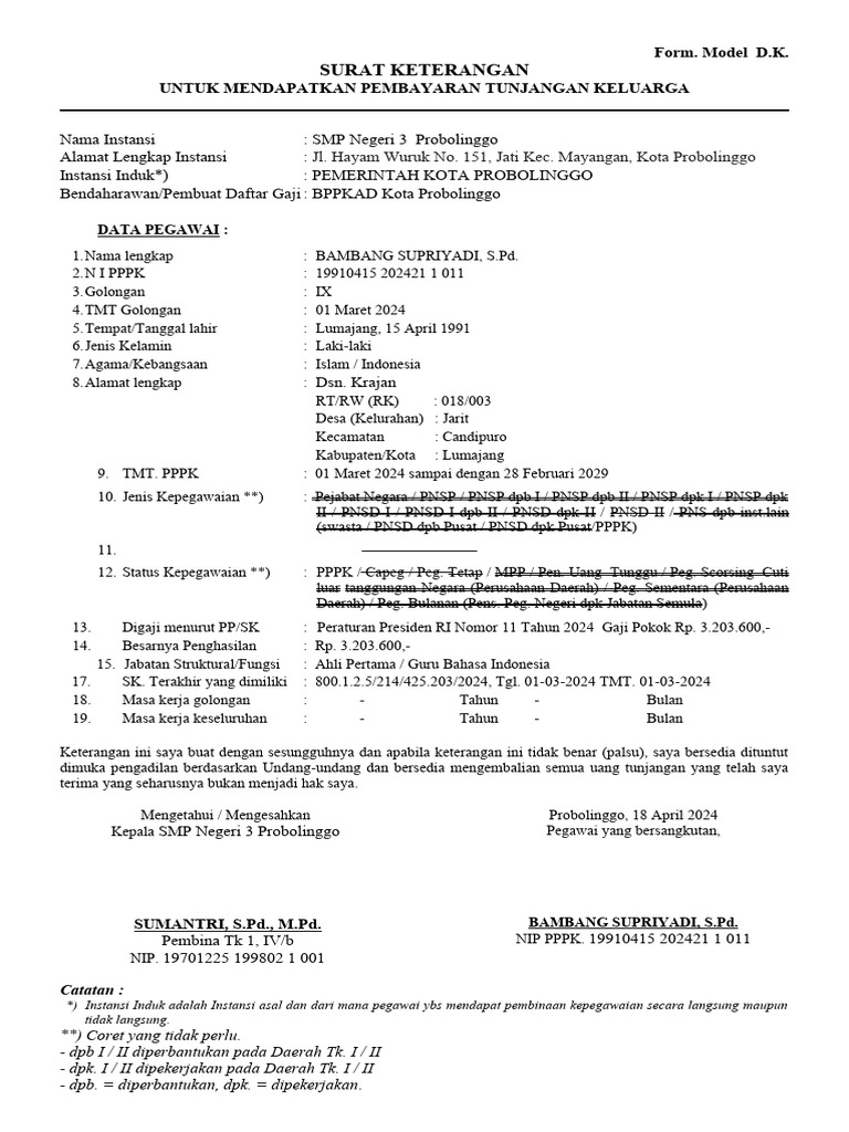 Contoh Model DK PPPK | PDF