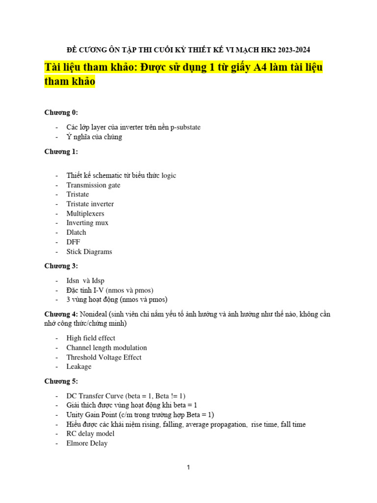 ĐỀ CƯƠNG ÔN TẬP THI CUỐI KỲ THIẾT KẾ VI MẠCH HK2 2023 | PDF