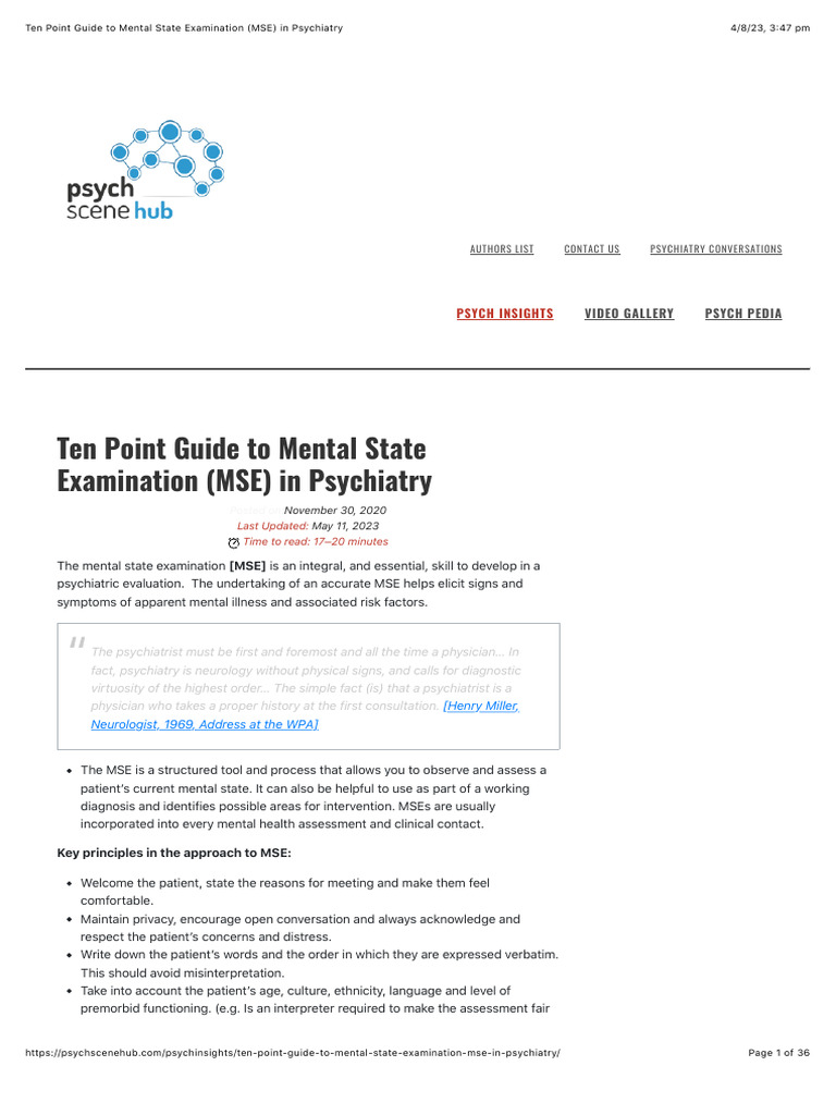 Ten Point Guide To Mental State Examination (MSE) in Psychiatry | PDF ...