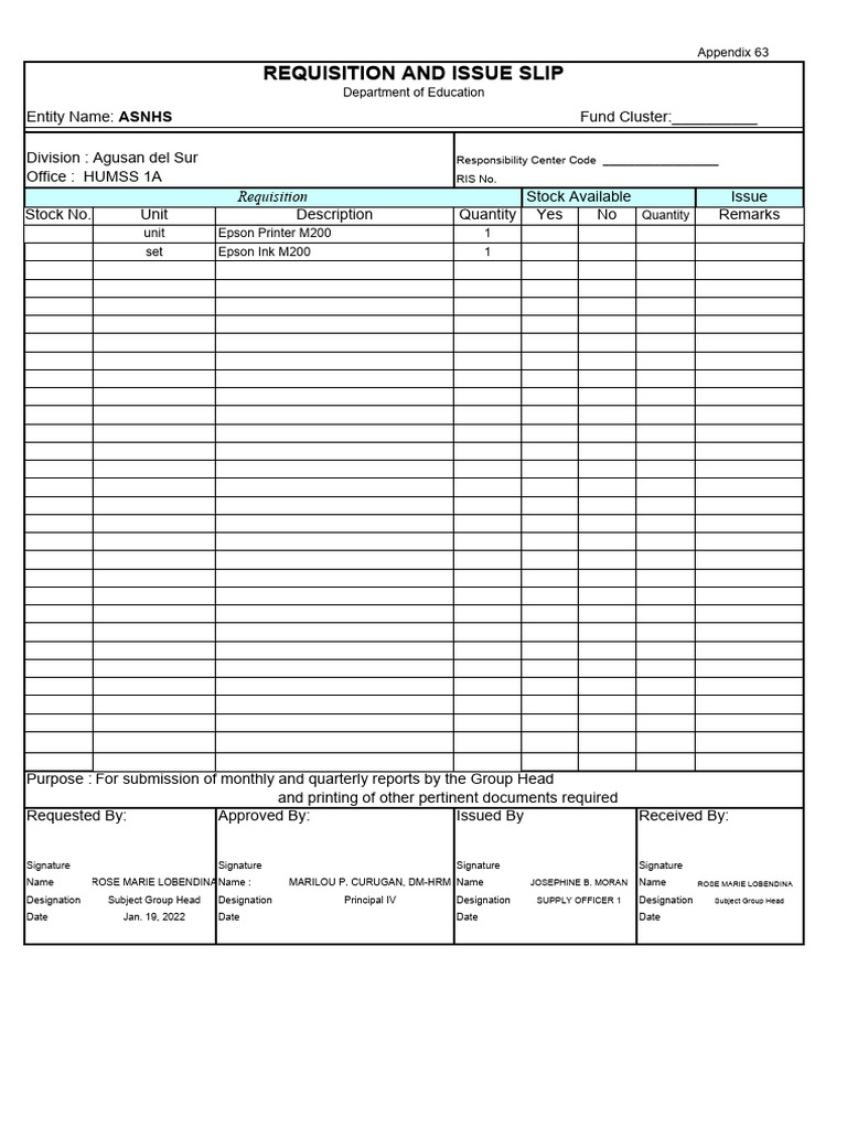 Sample Requisition and Issue Slip | PDF