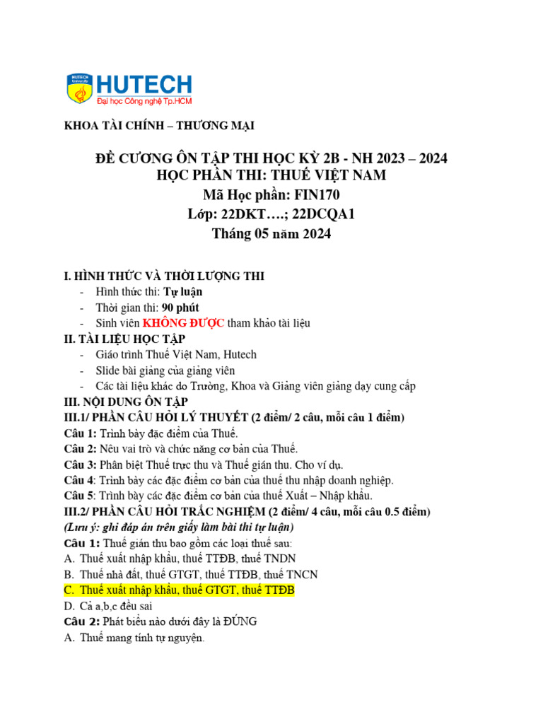 K.TC-TM - Decuongontap - 2B2324 - FIN170 - THUE VIET NAM - KT&TCQT | PDF