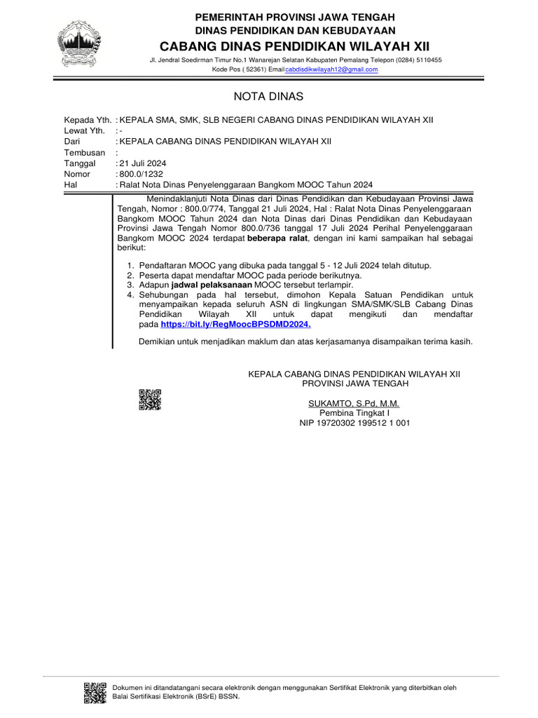 NOTDIN Ralat Nota Dinas Penyelenggaraan Bangkom MOOC Tahun 2024 | PDF