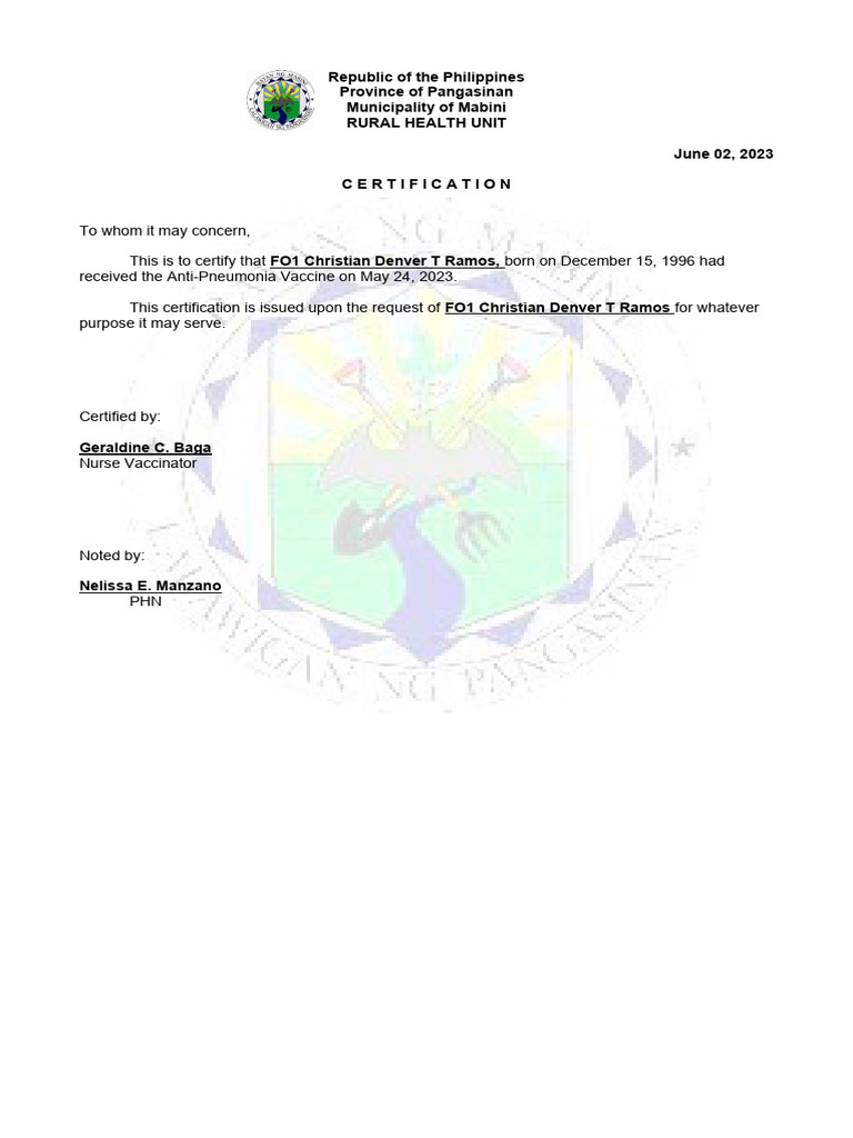 Vaccination Certificate For Fo1 Ramos Pdf