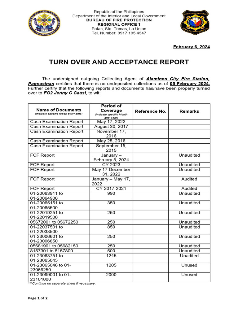 Turn Over and Acceptance Report CA SFO1 Karen Joy T Degorio | PDF ...