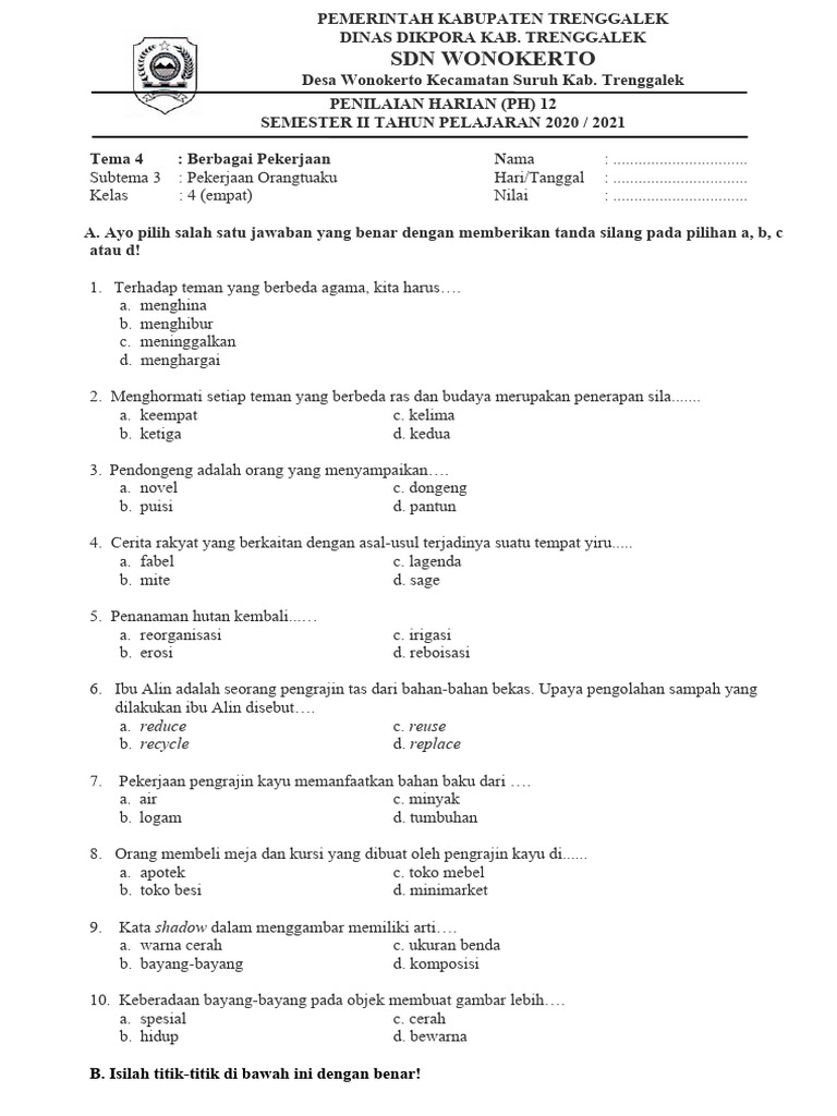 Uh Tema 4 SB 3 Kelas 4 SMT 1 | PDF