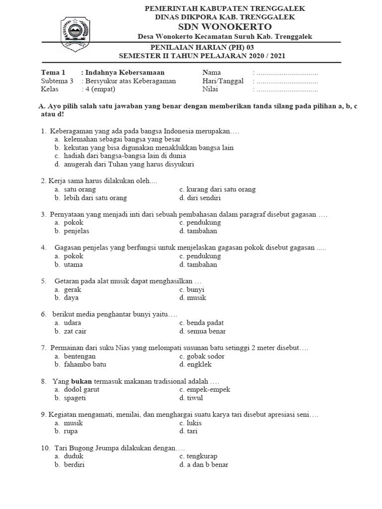 Uh Tema 1 SB 3 Kelas 4 SMT 1 | PDF