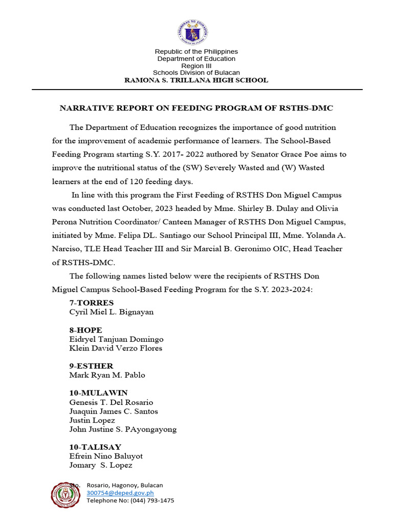 Narrative Report Feeding Program RSTHS DMC 2024 | PDF | Philippines