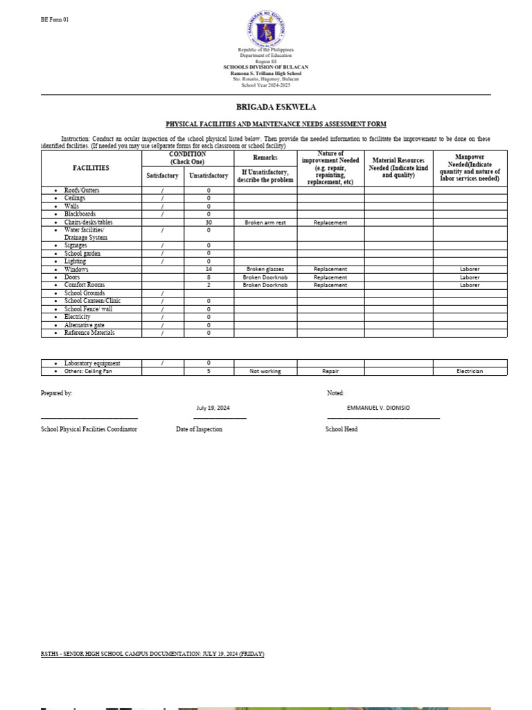 Be Form 1 Physical Facilities and Maintenance Needs Assessment Form | PDF