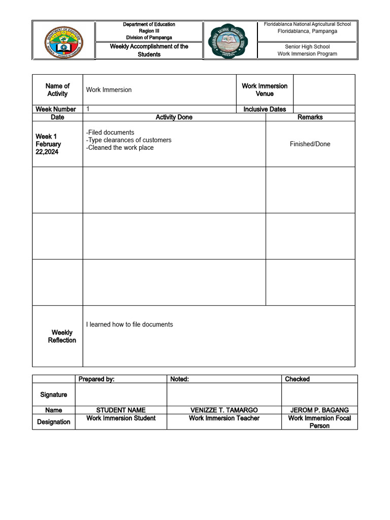 ANNEX X Weekly Accomplishment of The Students | PDF