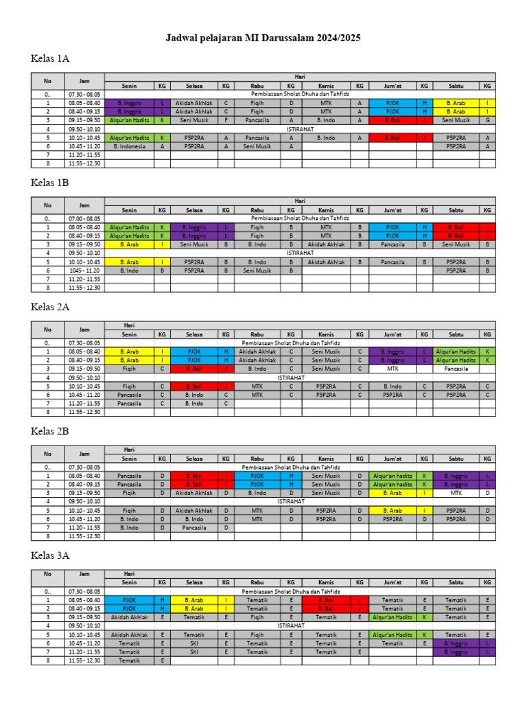 Jadwal Pelajaran MI Darussalam 2024 | PDF