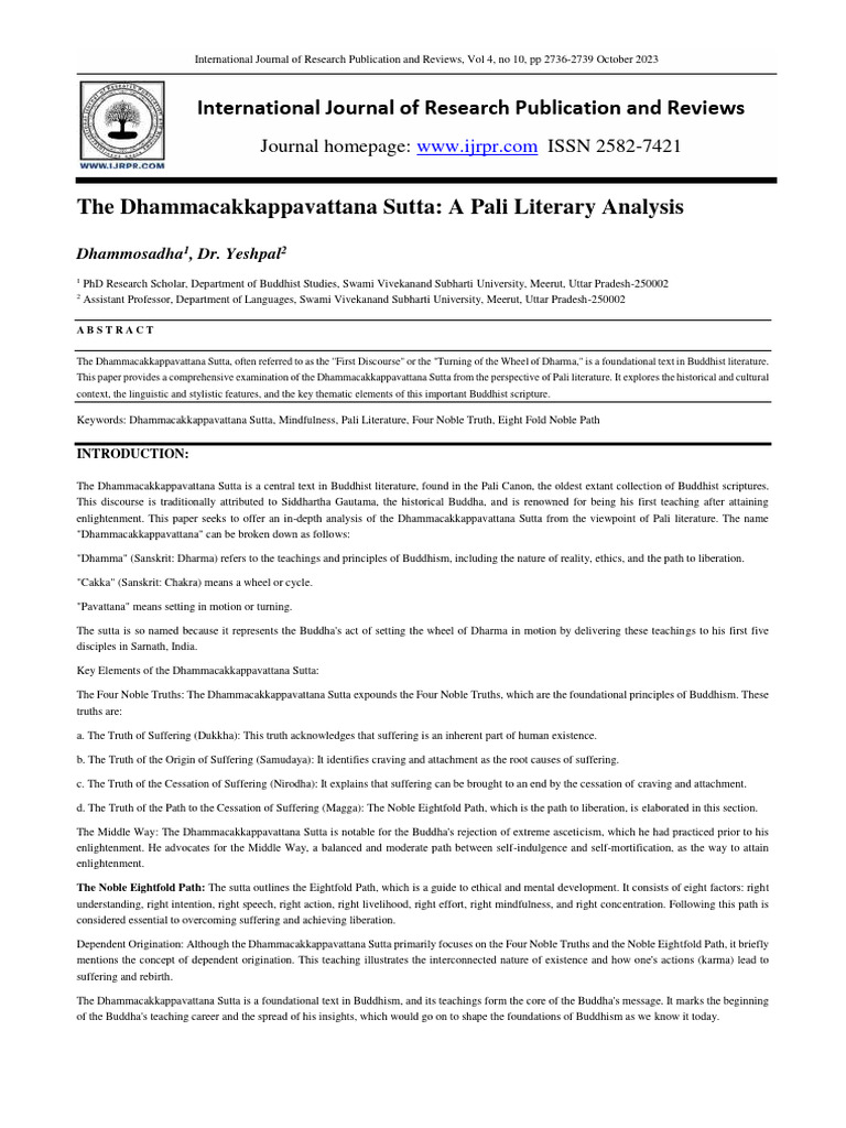 The Dhammacakkappavattana Sutta - A Pali Literary Analysis IJRPR18465 | PDF | Four Noble Truths ...
