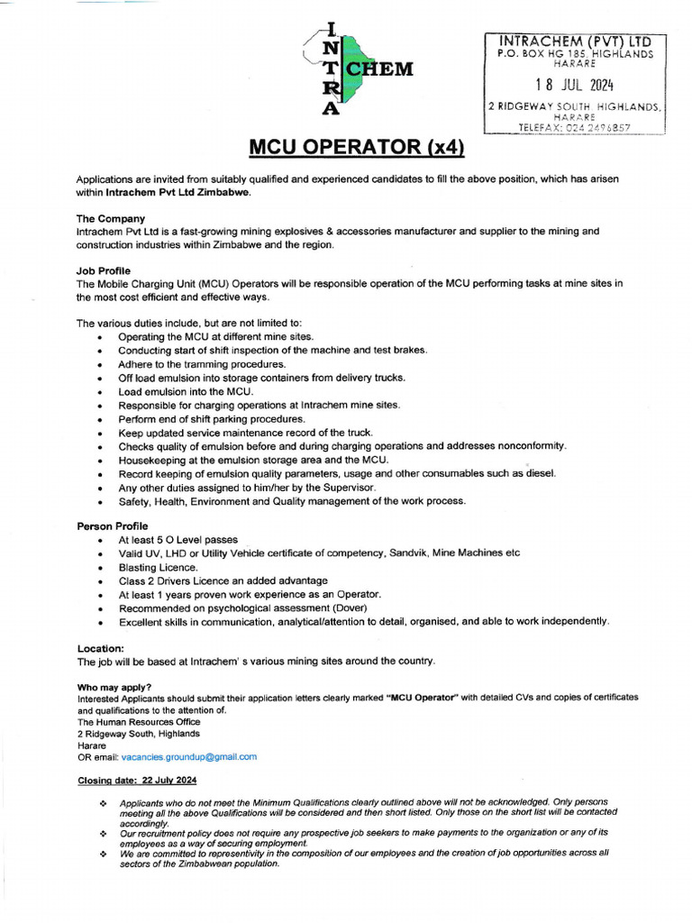 Job Advert - Intrachem MCU Operator | PDF | Engineering