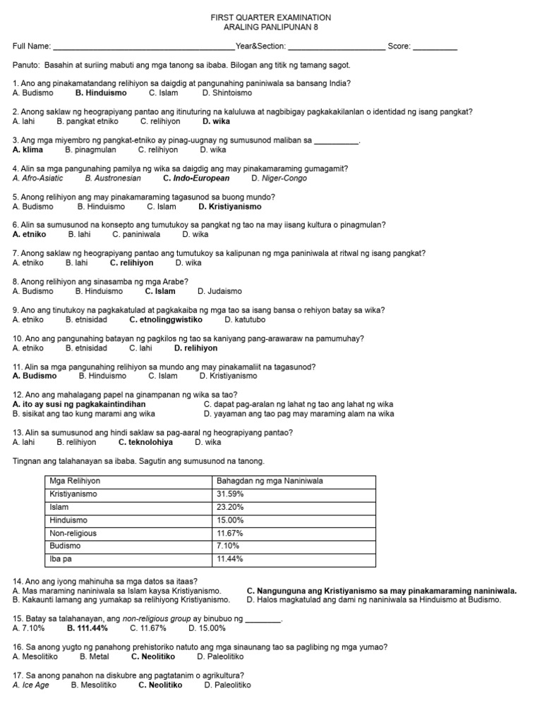 FIRST QUARTER EXAMINATION - With Answer | PDF