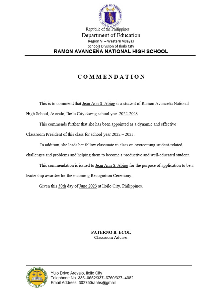 Commendation-Classroom-Officer | PDF