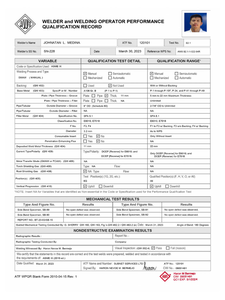 6G SMAW WQTR - (SN-228) J. Medina | PDF