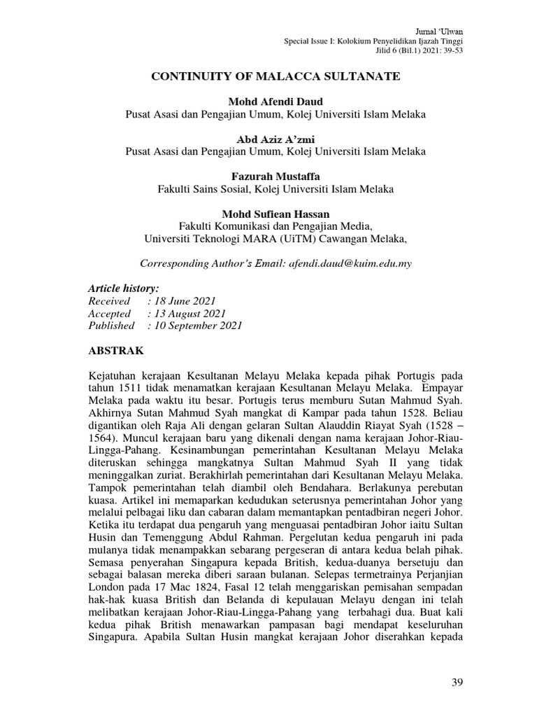 Continuity of Malacca Sultanate | PDF | Malaysia
