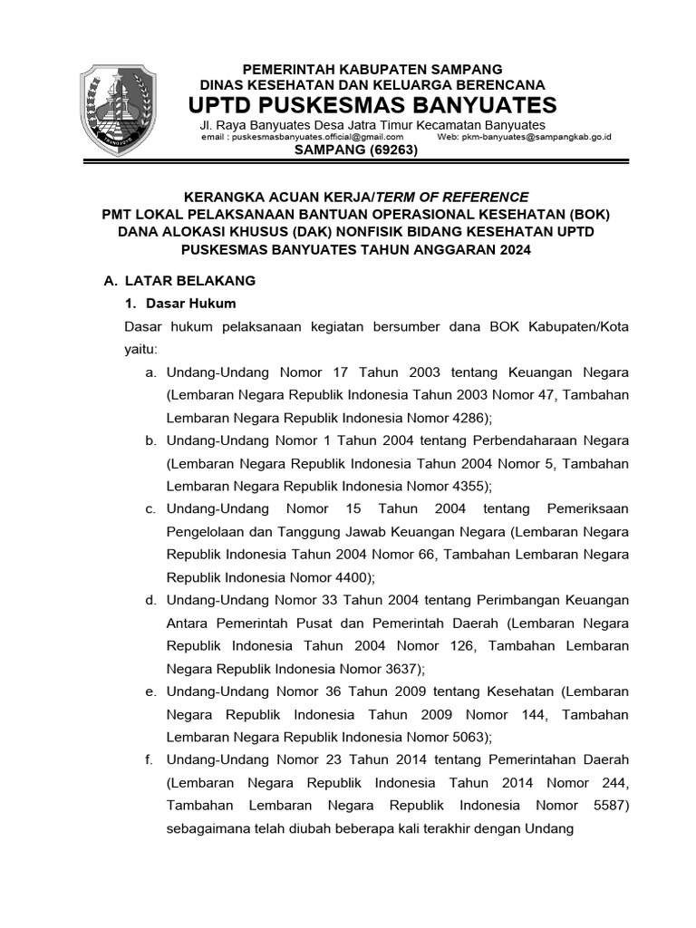 Kerangka Acuan PMT BOK Puskesmas Banyuates | PDF