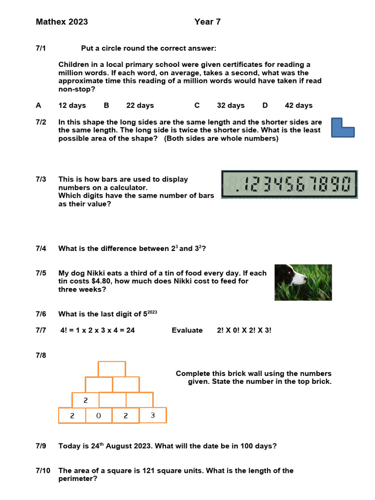 Mathex Questions Year 7 2023 Final | PDF | Area | Elementary Mathematics