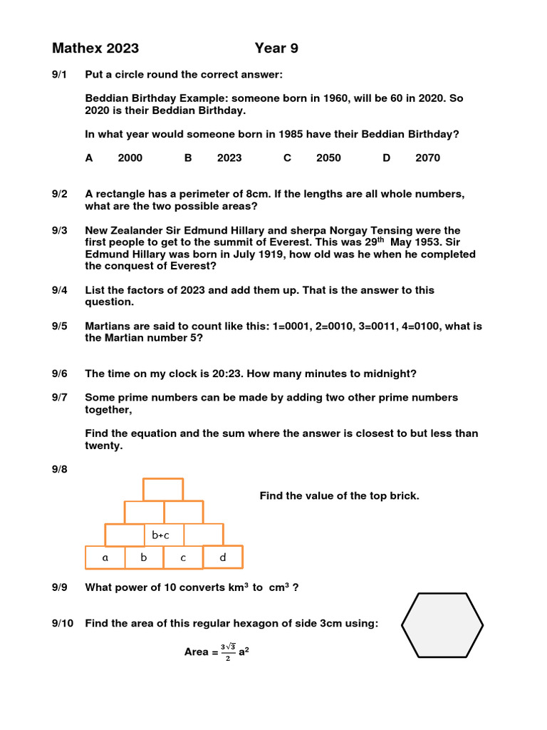 Mathex Questions Year 9 2023 Final For Printing | PDF | Area | Elementary Mathematics
