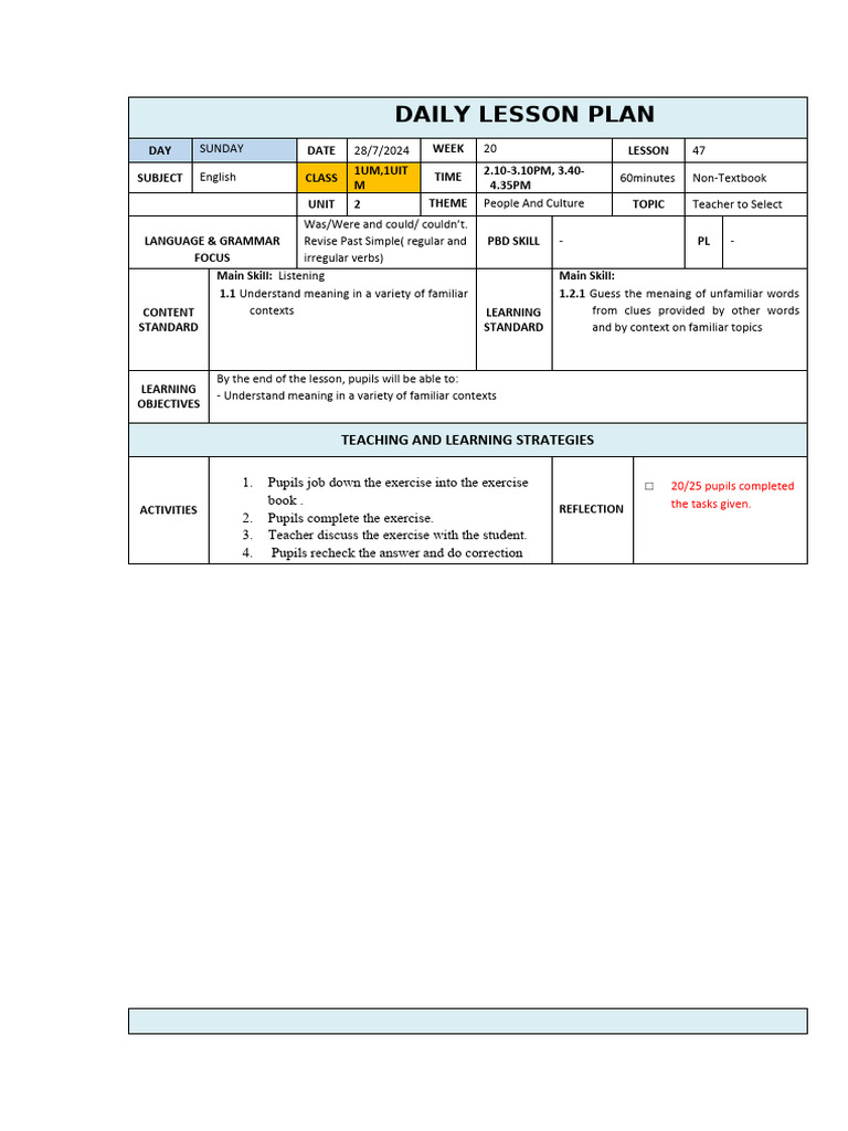 Lesson Plan 2024 Week 20 | PDF | Lesson Plan | English Language