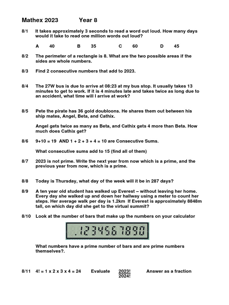 Mathex Questions Year 8 2023 Final For Printing | PDF