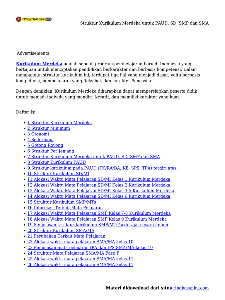 Struktur Kurikulum Merdeka Untuk Paud Sd Smp Dan Sma Pdf