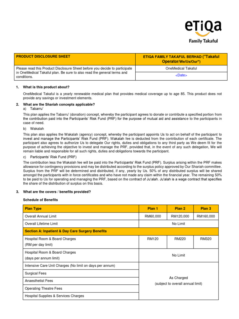 OneMedical+Takaful Product+Disclosure+Sheet+ (PDS) | PDF | Hospital ...