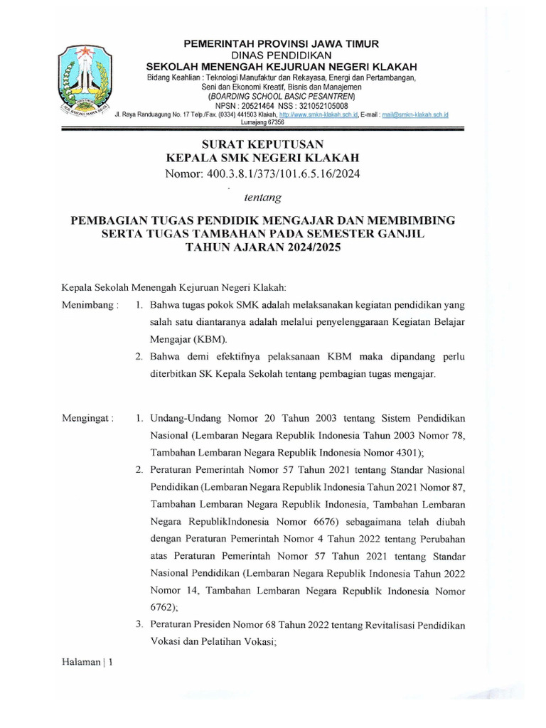 Sk Pembagian Tugas Ganjil 2024-2025 - Smkn Klakah (1) | PDF