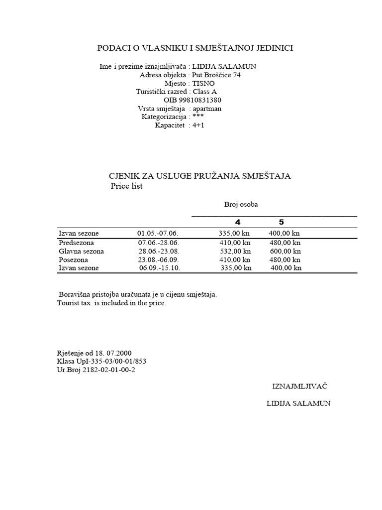 CJENIK APARTMANA ZA 2014.g. NAŠ | PDF