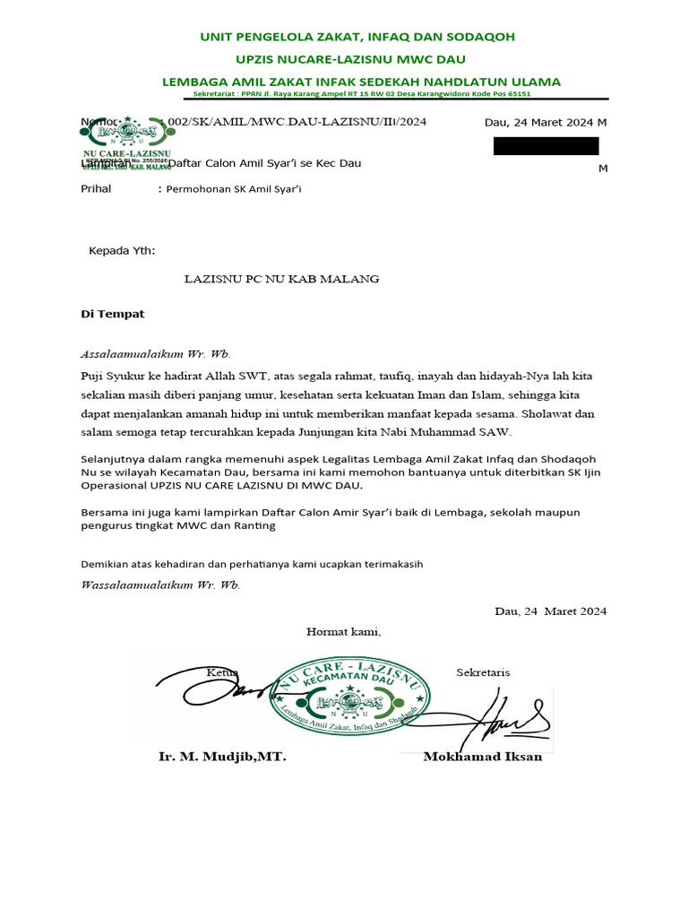 Surat Permohonan SK Lazisnu PC Dau 2 | PDF