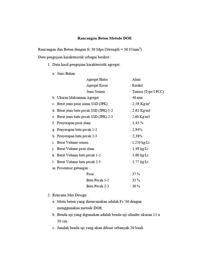 Rancangan Beton Metode DOE fc 30 Mpa | PDF
