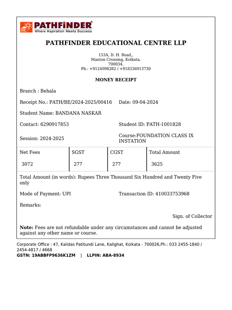Pathfinder Educational Centre LLP: Money Receipt | PDF