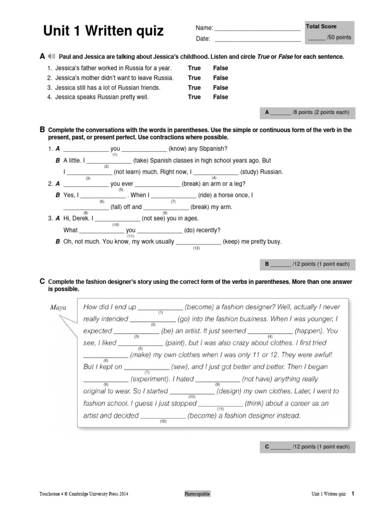 Quiz, Unit 1 (Touchstone 4) | PDF | Language Families | Linguistic Typology