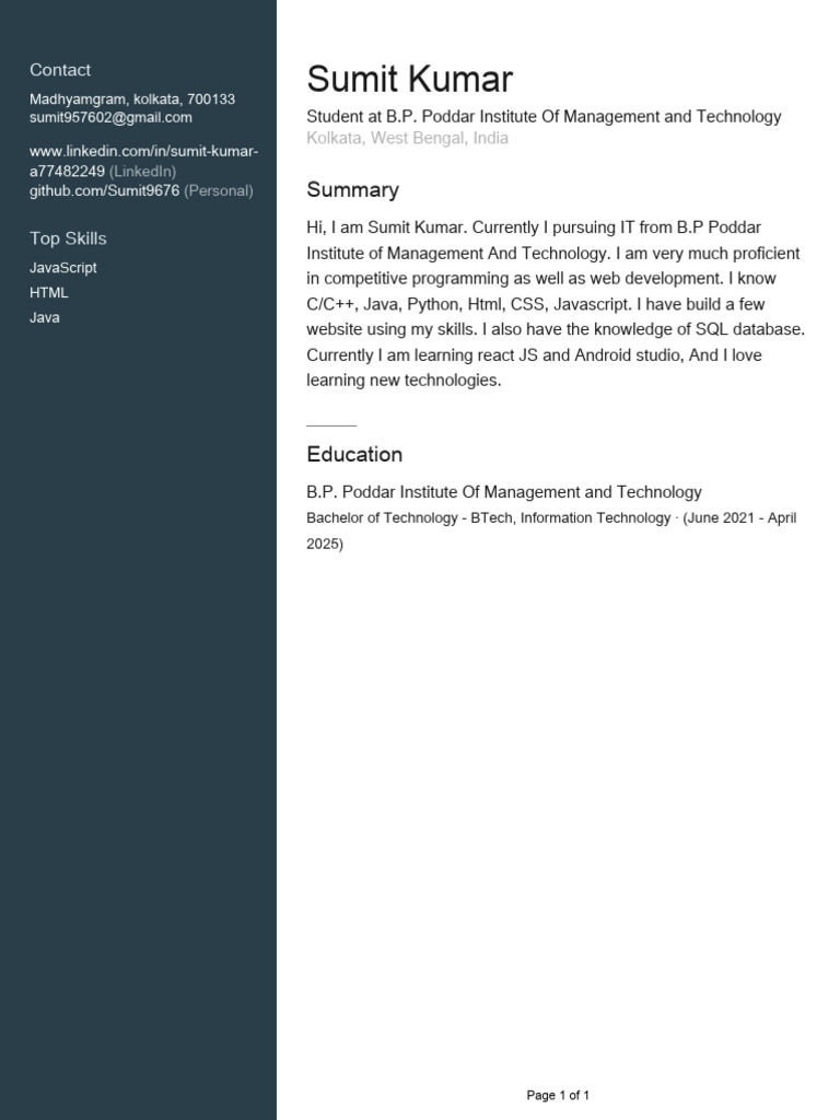 Sumit Kumar - IT Student & Developer | PDF