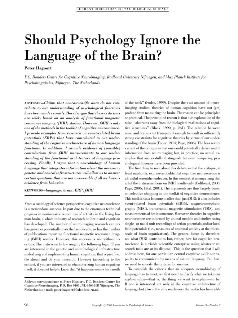 Hagoort, Peter (2008) - Should Psychology Ignore The Language of The ...