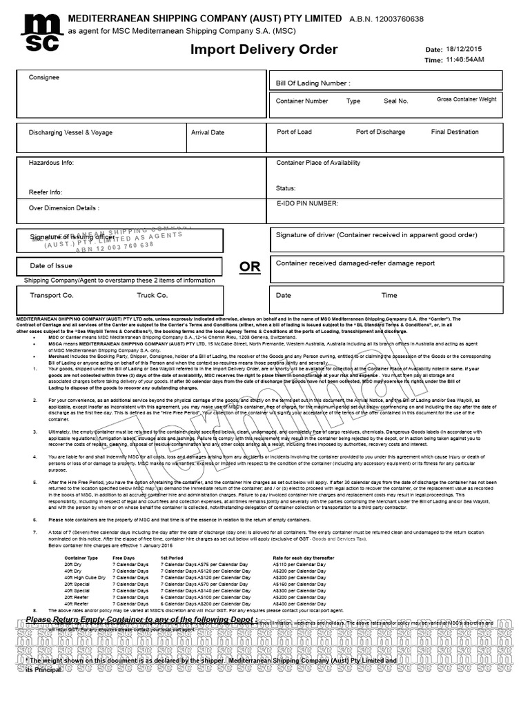 Import Delivery Order Template | PDF | Bill Of Lading | Cargo